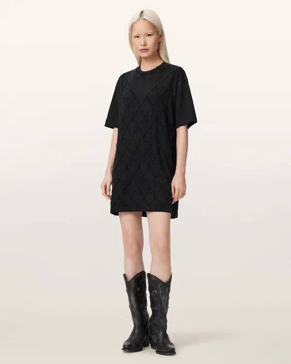 ALLSAINTS Darcey Relaxed Fit Mini T-shirt Dress With Beaded Embellishment - Black