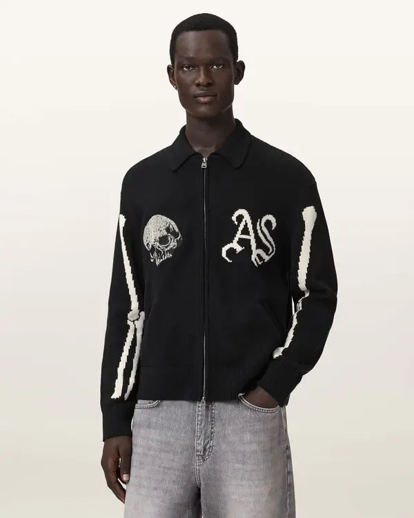ALLSAINTS Adrian Zip Up Embroidered Knitted Cardigan