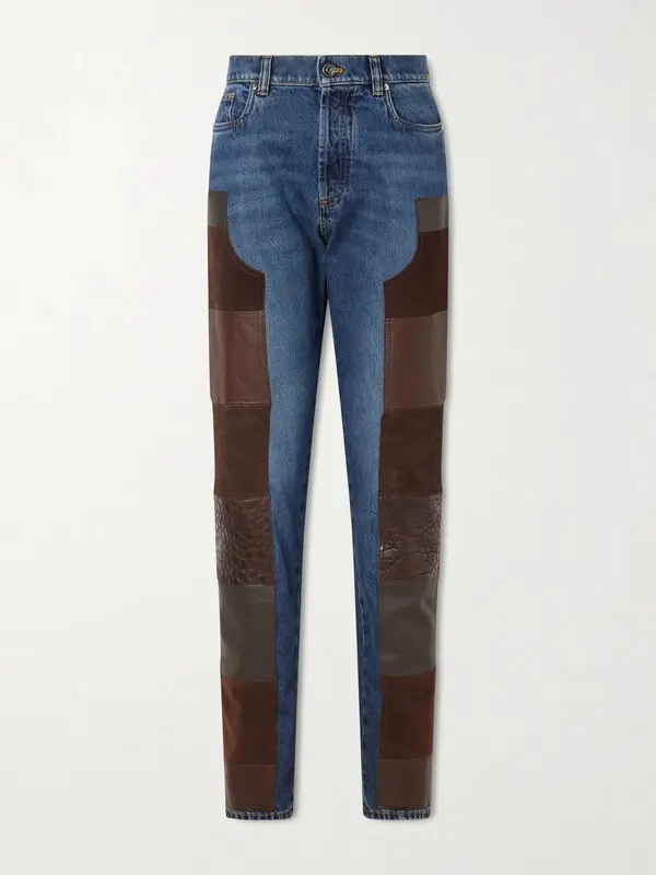 Versace Leather-trimmed Straight-leg Jeans - Blue