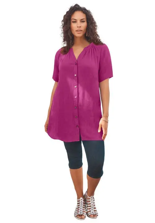 Roaman's Angelina Crinkle Crepe Y Neck Short Sleeve Tunic - Indigo
