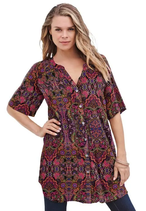 ROAMAN'S Angelina Crinkle Crepe Y-neck Short Sleeve Tunic - Multi Mirrored Medallion