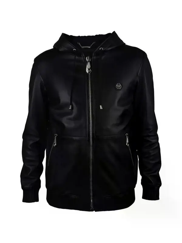 Philipp Plein Hooded Logo Leather Jacket - Black