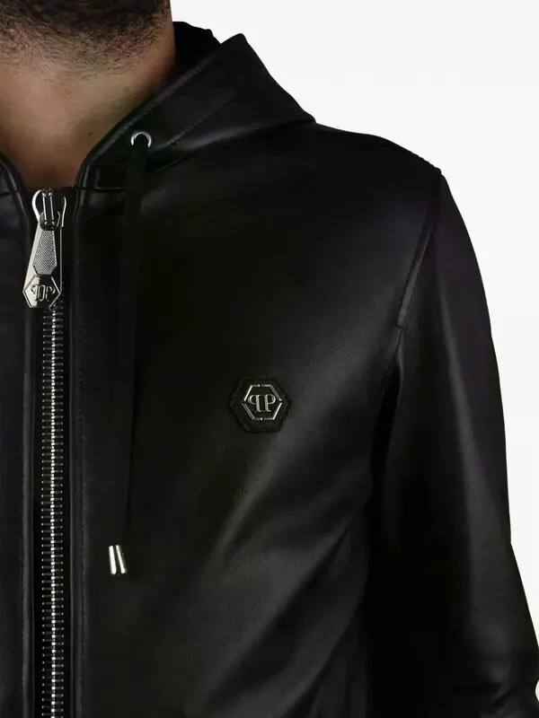 Philipp Plein Hooded Logo Leather Jacket - Black