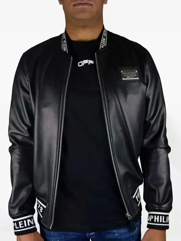 Philipp Plein Leather Bomber Jacket With Logo Details