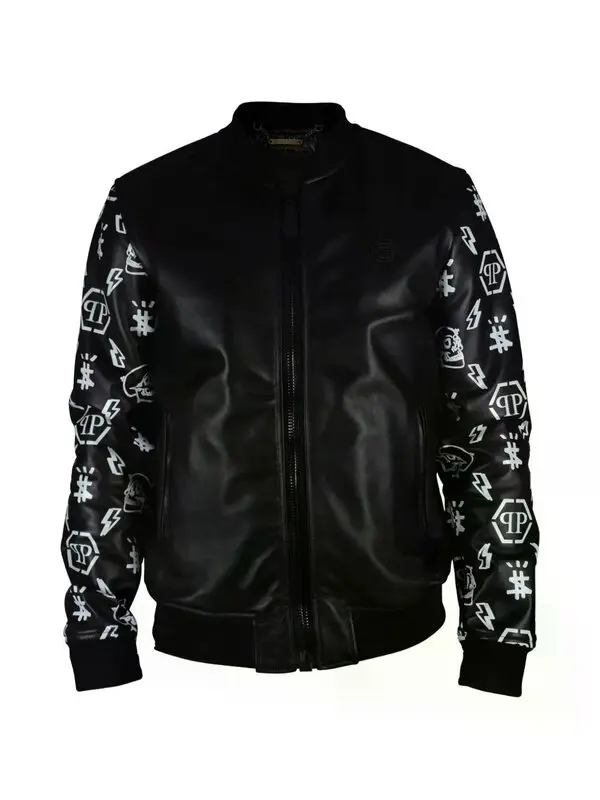 Philipp Plein Leather Bomber Jacket With Graphic Print Sleeves