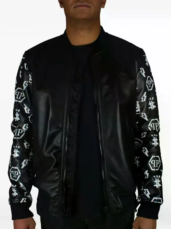 Philipp Plein Leather Bomber Jacket With Graphic Print Sleeves