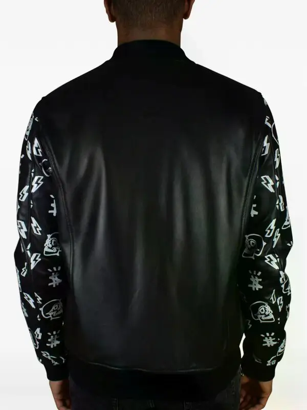 Philipp Plein Leather Bomber Jacket With Graphic Print Sleeves