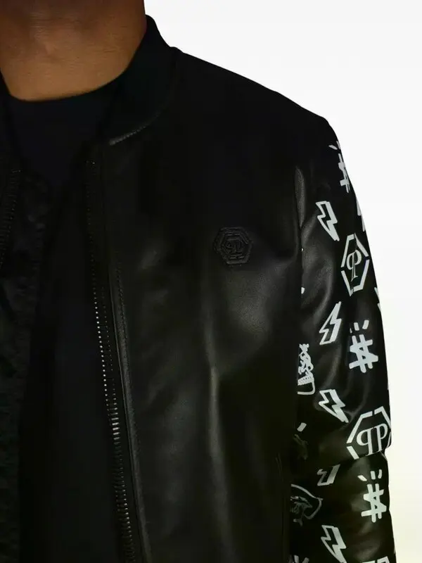 Philipp Plein Leather Bomber Jacket With Graphic Print Sleeves