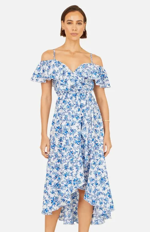 YUMI Floral Print Off-the-shoulder Midi Dress - Blue