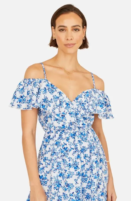 YUMI Floral Print Off-the-shoulder Midi Dress - Blue