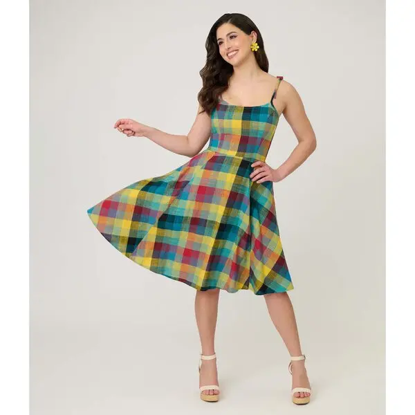 Unique Vintage 1950s Bobbie Swing Dress - Green Multi Plaid