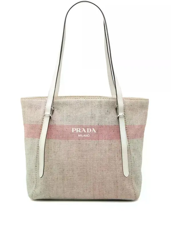 Prada 2010-2026 Canvas Logo Stripe Shopper Tote Bag