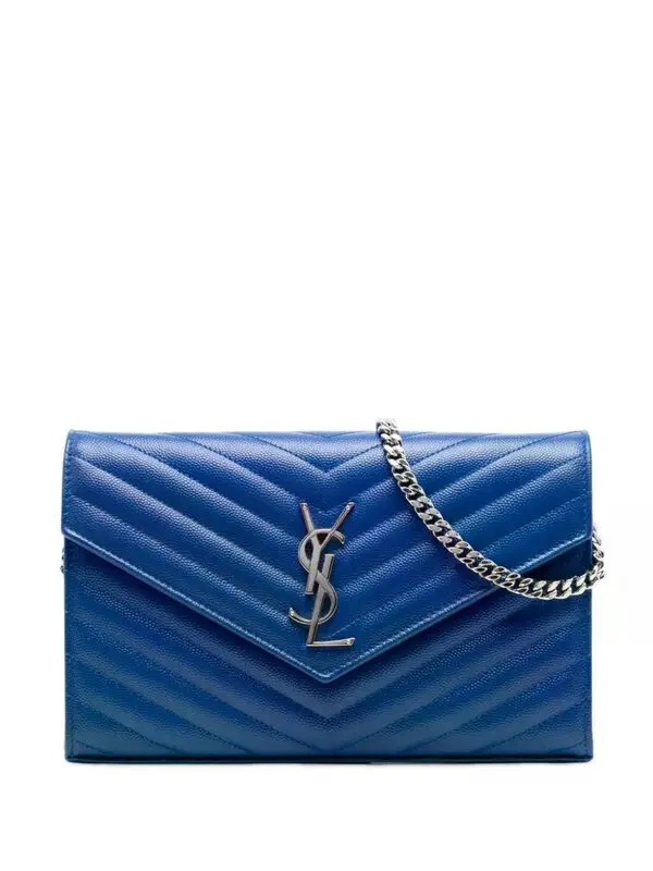 Saint Laurent Grain De Poudre Monogram Envelope Chain Wallet - Blue