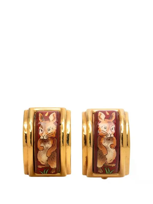 Hermès 20th Century Enamel Rabbit Print Clip On Earrings - Brown