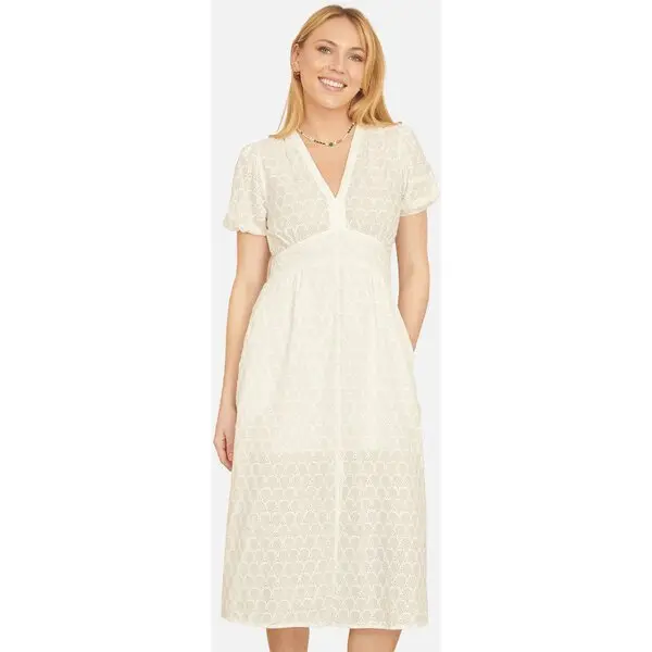 YUMI Broderie Anglaise Midi Dress With Puff Sleeves And Slit Hem - White