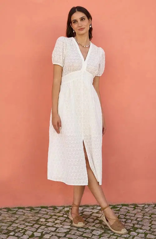 YUMI Broderie Anglaise Midi Dress With Puff Sleeves And Slit Hem