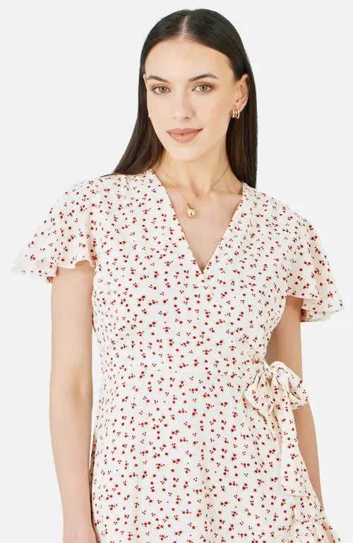 YUMI Ditsy Print Frill Wrap Dress - White
