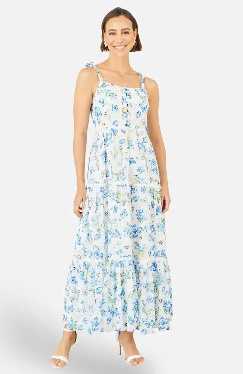 YUMI Butterfly Print Lace Trim Maxi Dress - White