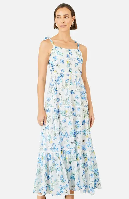 YUMI Butterfly Print Lace Trim Maxi Dress