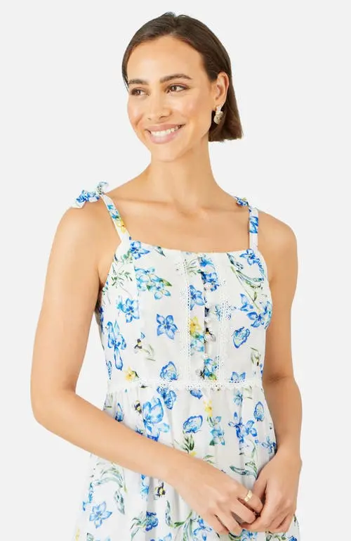 YUMI Butterfly Print Lace Trim Maxi Dress