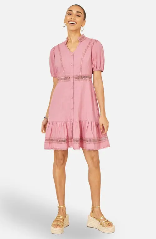 YUMI Cotton Lace Trim Skater Shirt Dress - Rose Pink