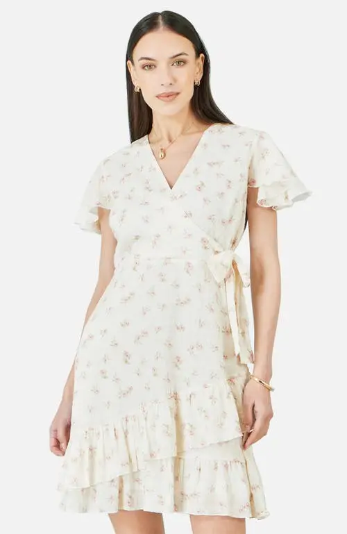 YUMI Rose Print Frill Dress - White