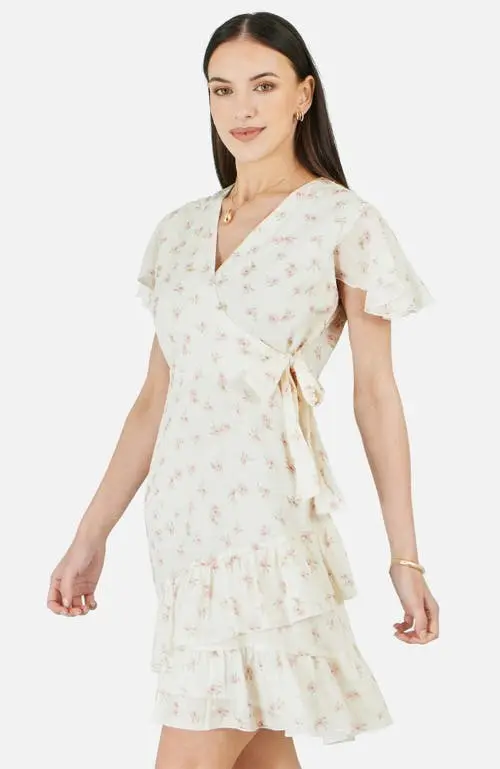 YUMI Rose Print Frill Dress - White