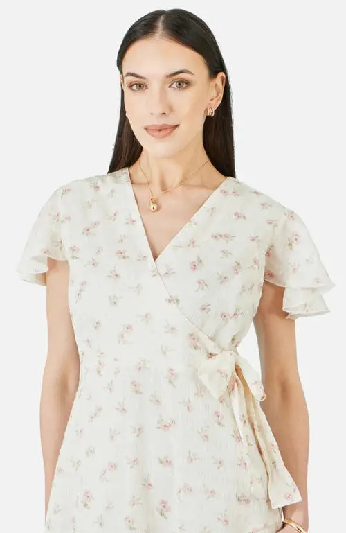 YUMI Rose Print Frill Dress - White