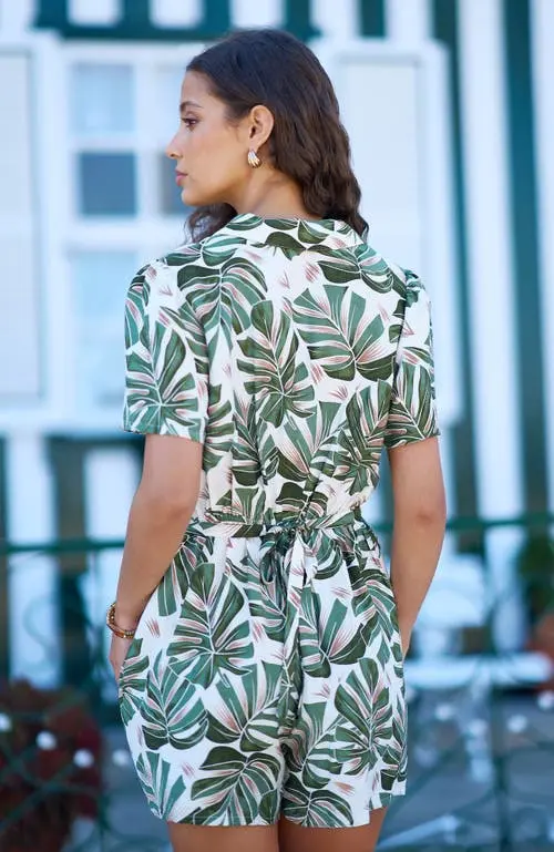 YUMI Leaf Print Retro Playsuit - Green