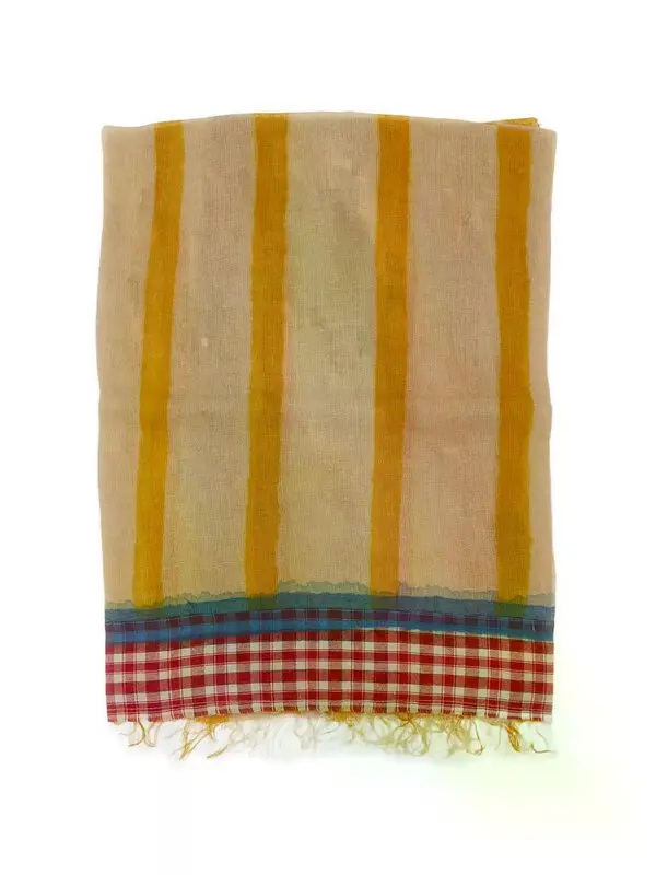 EXQUISITE J Stripe-pattern Gingham-trim Scarf - Neutrals