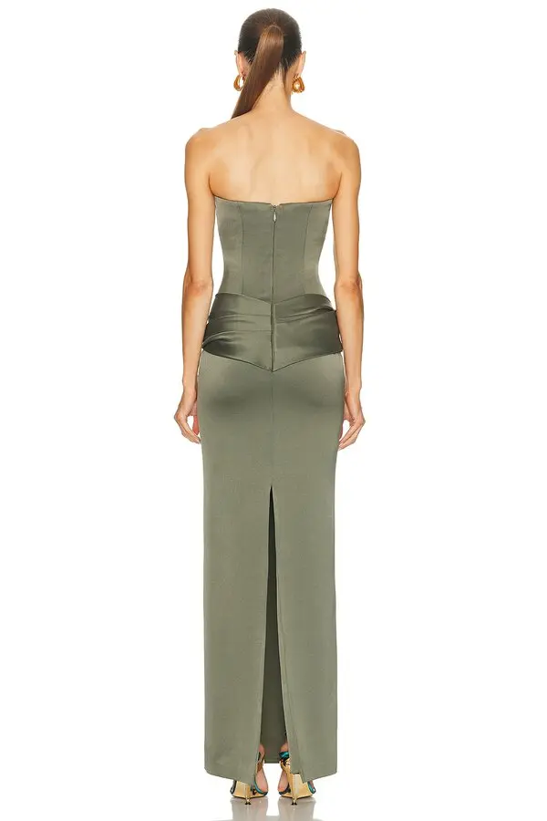 Alex Perry Strapless Longline Corset Twist Drape Column Dress - Deep Sage