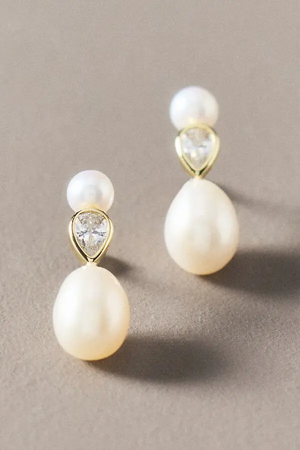 Shashi Freshwater Pearl Crystal Drop Earrings - Gold