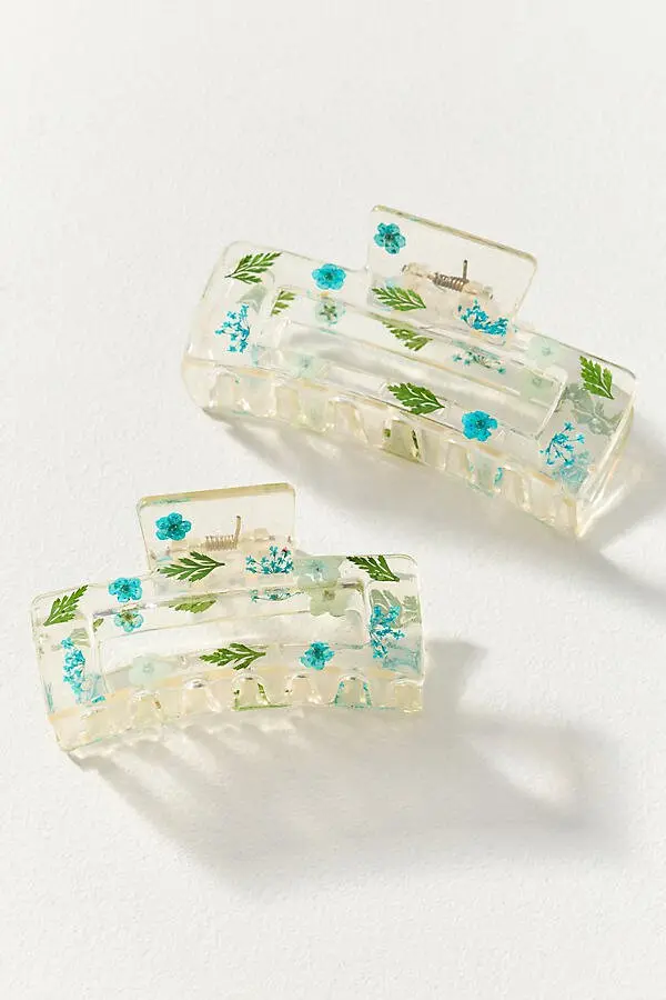 Anthropologie Pressed Flowers Claw Clips Set - Blue