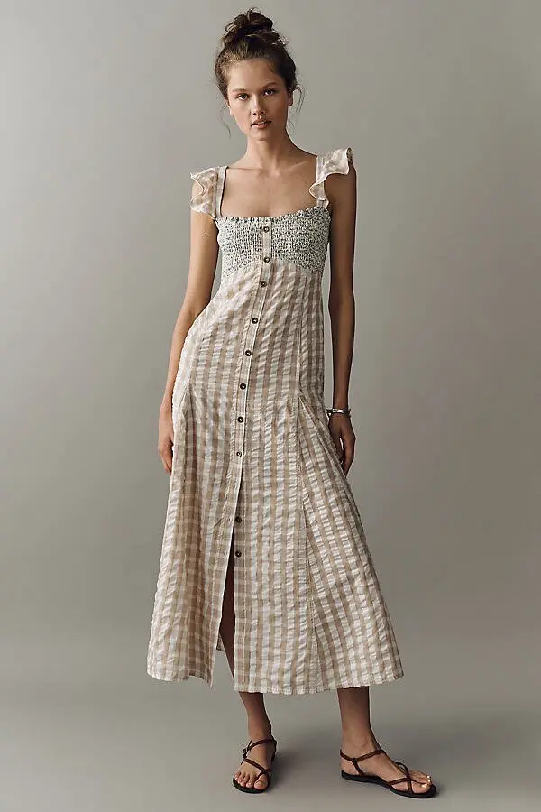 PILCRO Cotton Button-front Midi Dress - Gingham/disty