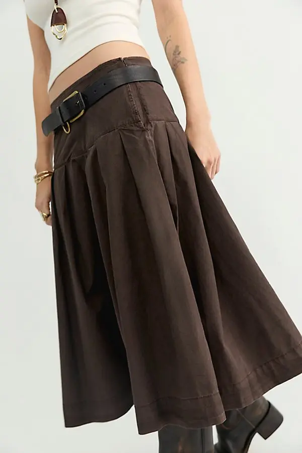 Free People We The Free Skipper Pleated Chino Midi Skirt - Double Espresso