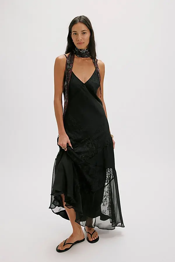 NIGEL PRESTON Patch Lace Chiffon Maxi Dress - True Black