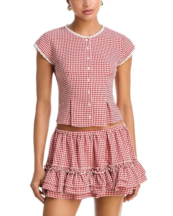 WAYF Aria Top Gingham Shirt With Lace Trim - Red