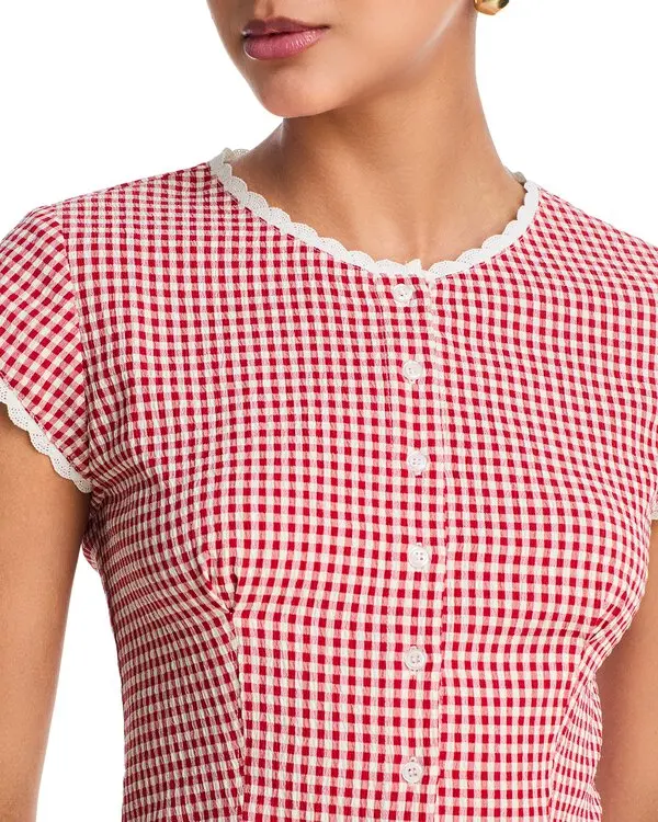 WAYF Aria Top Gingham Shirt With Lace Trim - Red