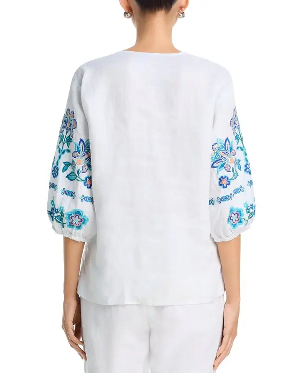 Johnny Was Embroidered Linen Split Neck Blouse