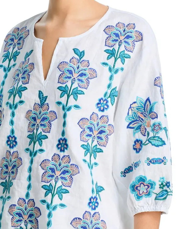 Johnny Was Embroidered Linen Split Neck Blouse