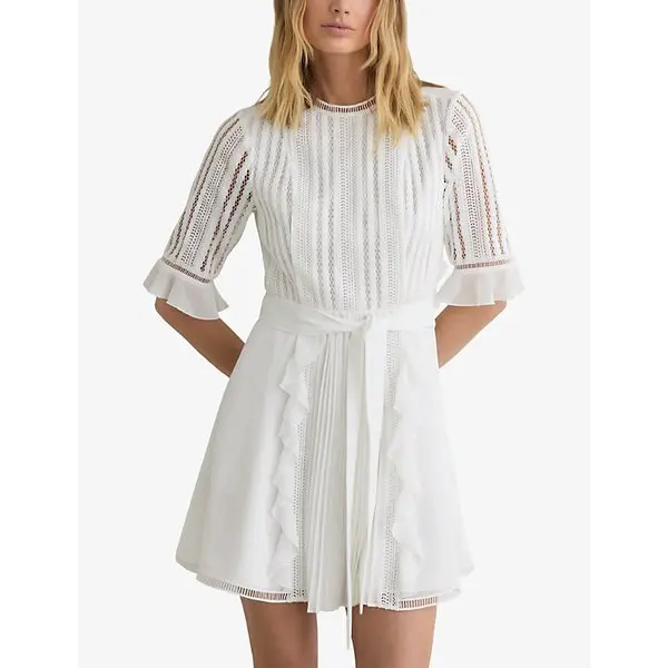 REISS Armina Lace Tie-waist Mini Dress - Ivory