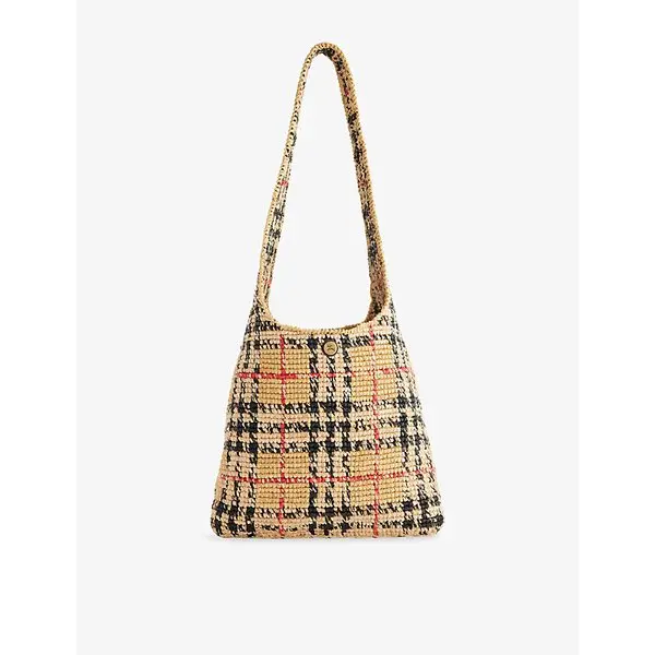Burberry Small Margate Check Raffia Hobo Bag - Sand
