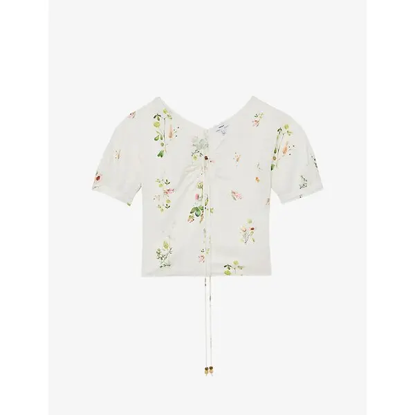 REISS Floral-print Linen-blend Top With Tie Detail
