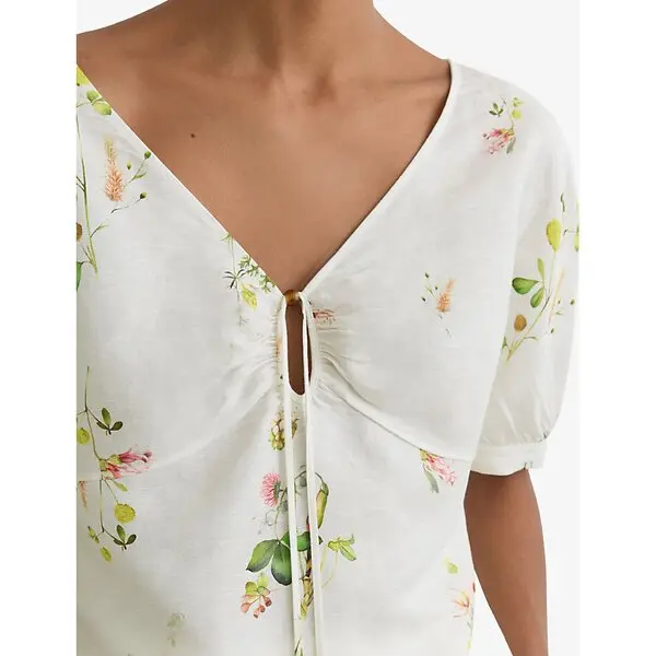 REISS Floral-print Linen-blend Top With Tie Detail