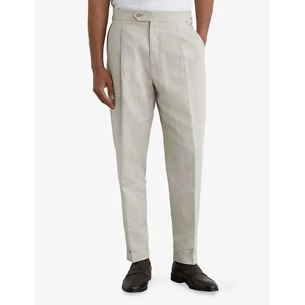 REISS Checked Linen And Cotton Trousers