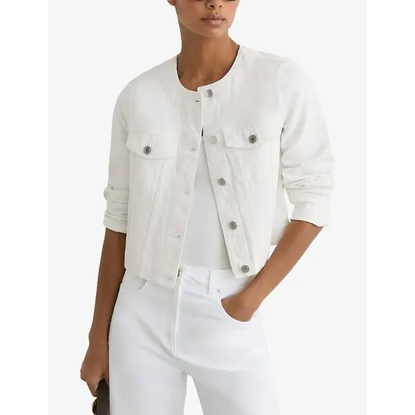 REISS Medora Round-neck Denim Jacket - White