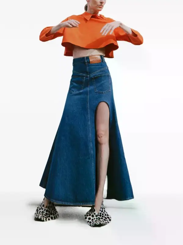 A.W.A.K.E. Mode Flared Denim Maxi Skirt With Cut-out Detail - Blue