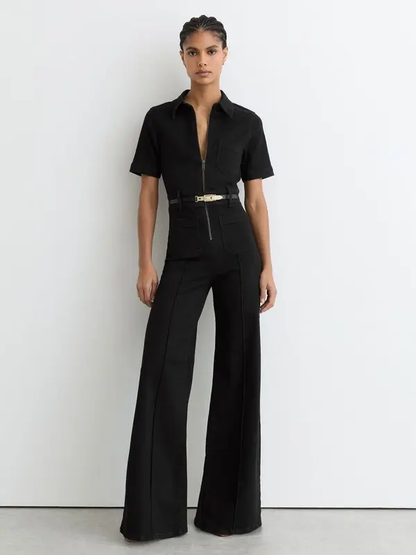 REISS Danie Wide-leg Zip-through Denim Jumpsuit - Black
