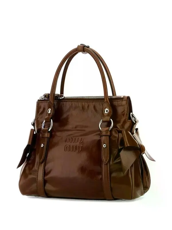 Miu Miu Bow-embellished Logo-embossed Leather Tote