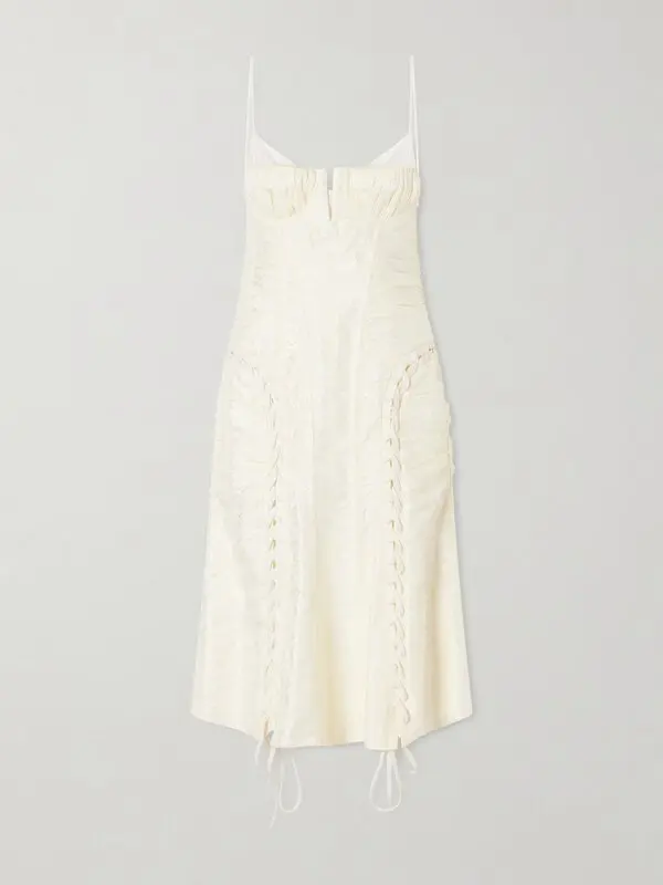Alexander McQueen Pleated Paneled Satin Brocade Midi Dress - Neutrals